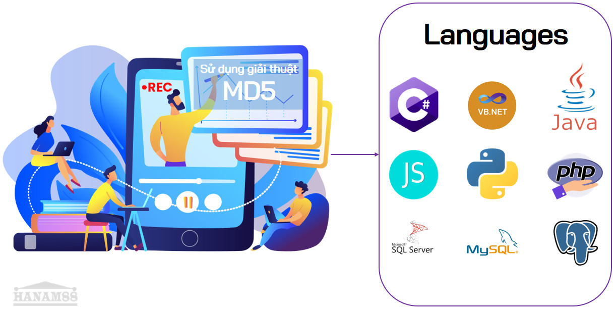 Sử dụng giải thuật MD5 trong các ngôn ngữ lập trình và các hệ quản trị cơ sở dữ liệu khác nhau.